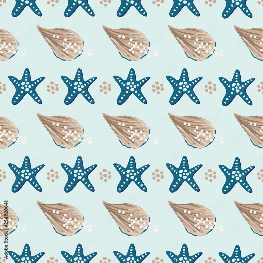 Starfish, pen shells and pearls alternate in rows in this seamless ...