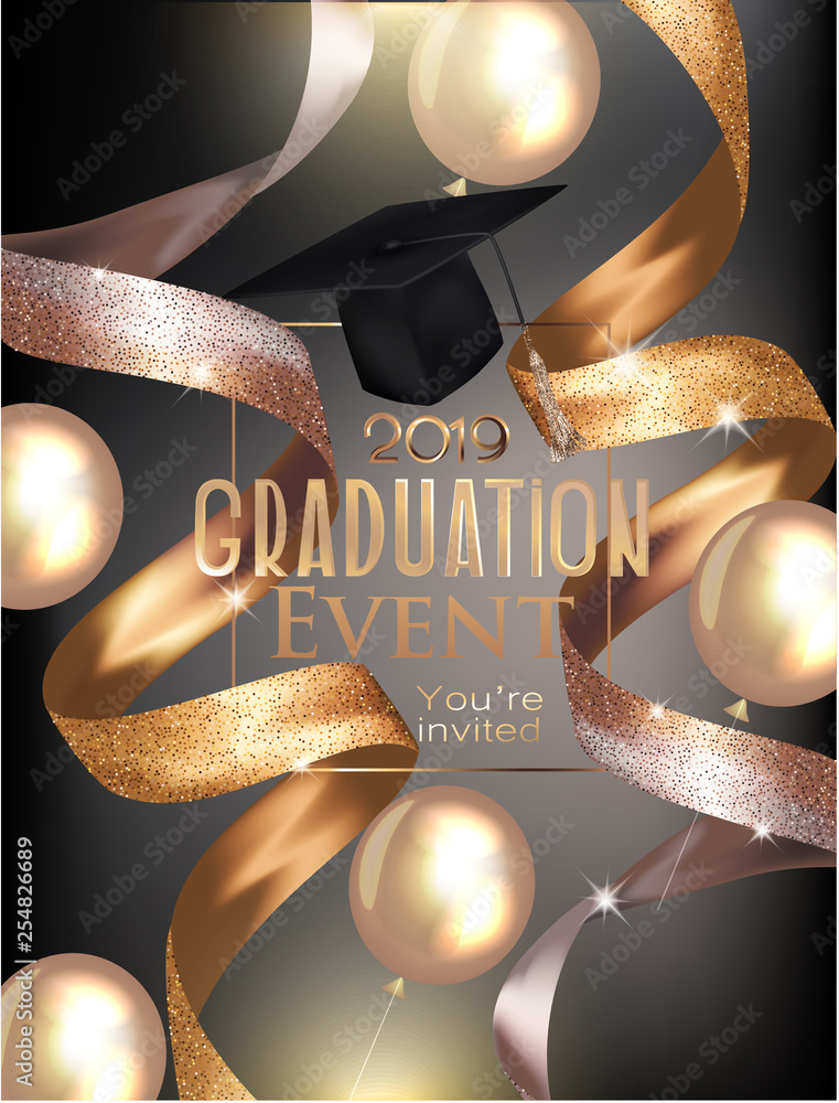 Graduation party 2019 invitation card with golden ribbons and air ...