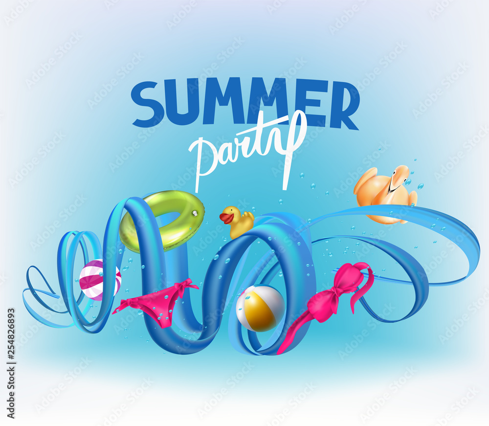 Summer party card with absrtact flows of water, splashes and swimming ...