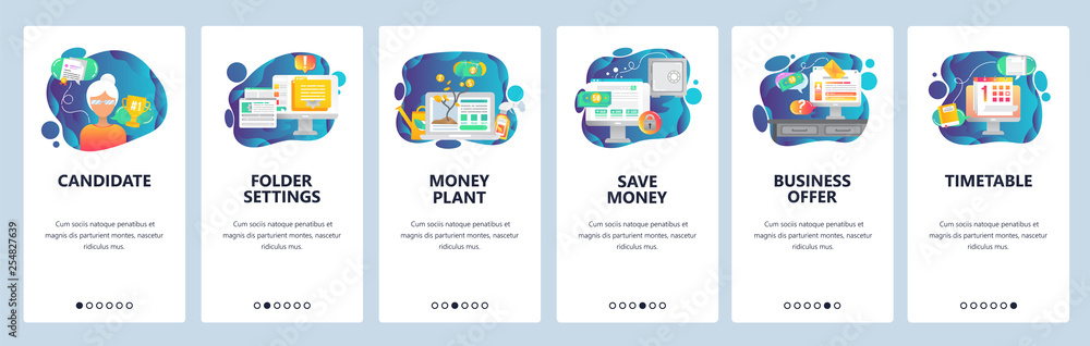 Mobile app onboarding screens. Business offer, money tree, schedule and ...