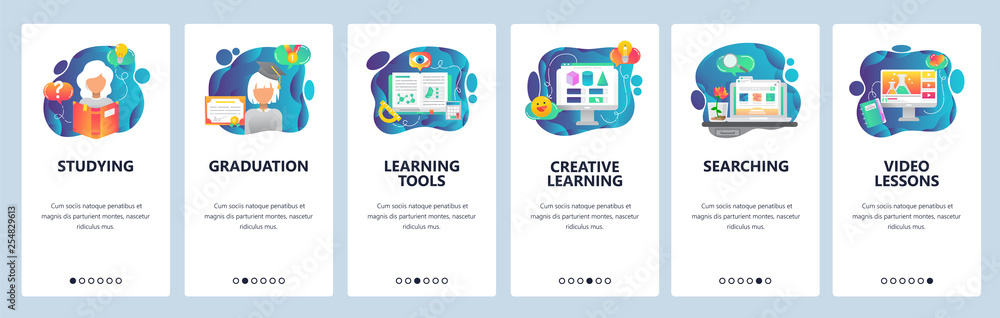 Mobile app onboarding screens. Studying, reading book, learning online ...