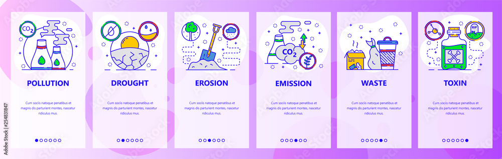 Mobile app onboarding screens. Earth pollution, global warming and ...