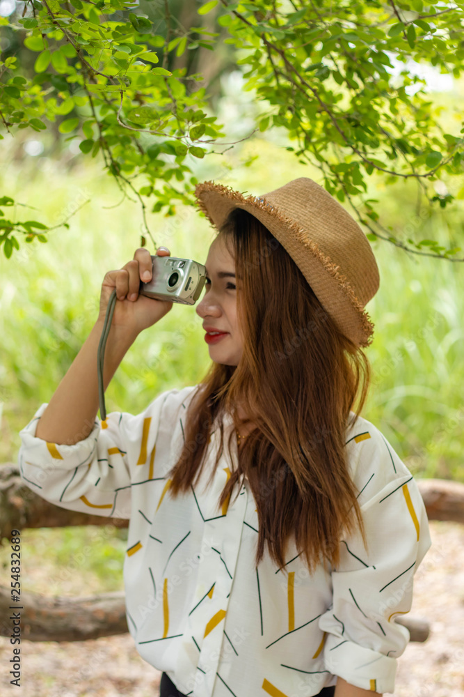 Women tourists women white skin lovely brown hair wearing a basketry ...