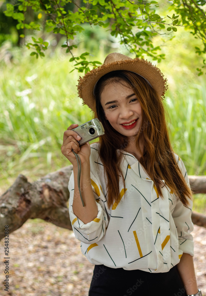 Women tourists women white skin lovely brown hair wearing a basketry ...