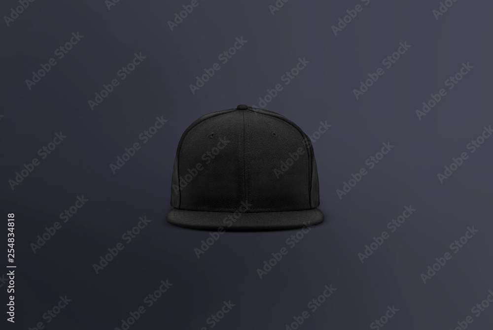 Blank cap front view. Black snapback on dark background. Blank baseball ...