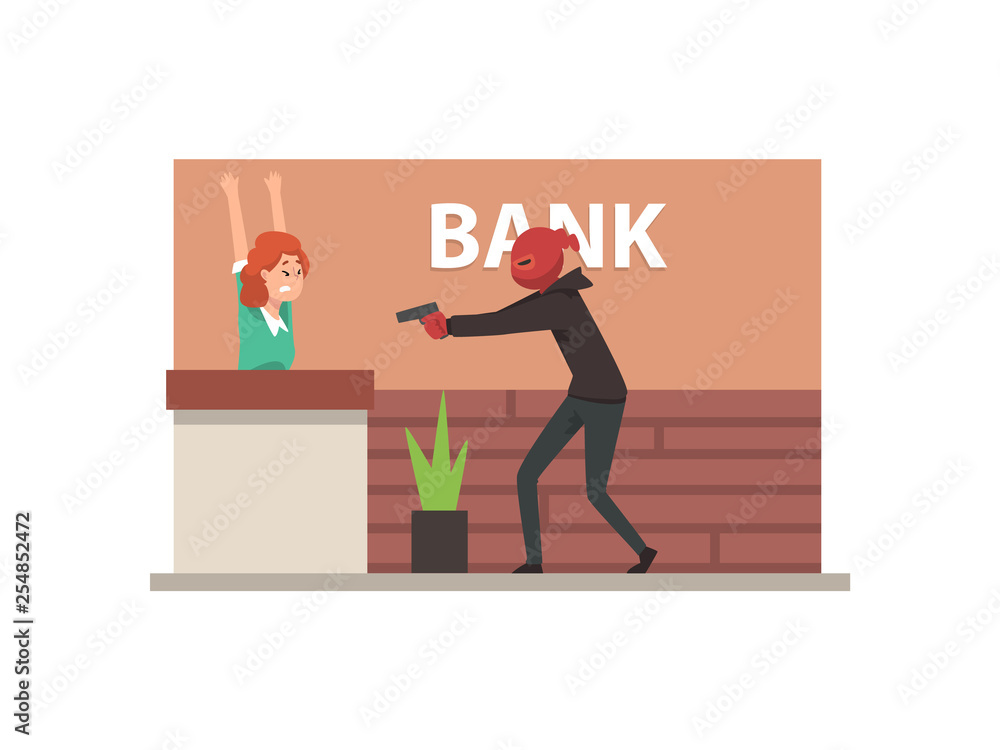 Bank Robbery, Armed Male Thief Threatening Employee Committing Burglary ...