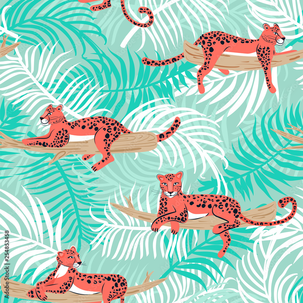 Leopard seamless pattern. Composition with leopards in different poses ...