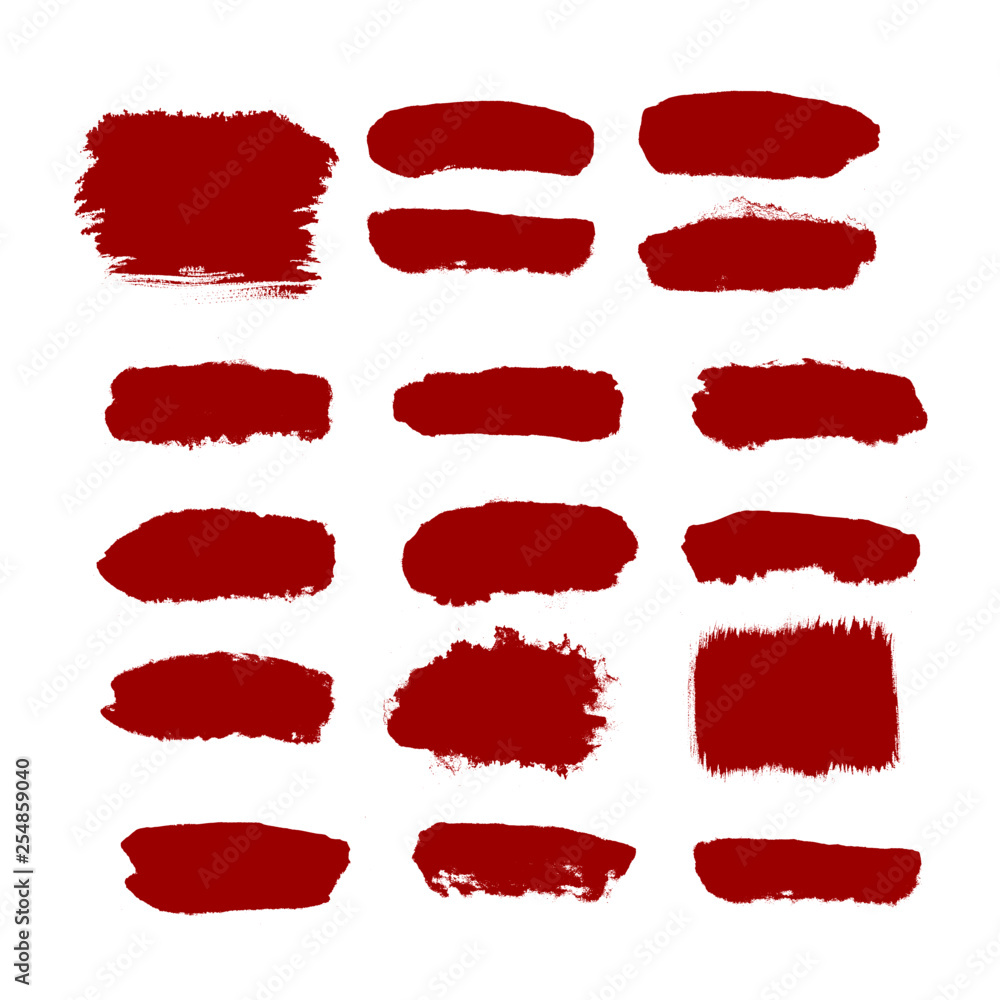 Red Brush strokes. Vector paintbrush set. Round grunge design elements ...