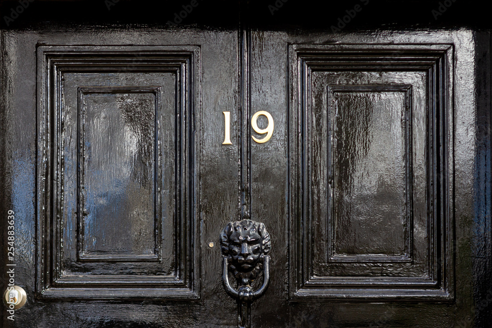 House number 19 in bronze on a black wooden entrance door with the ...