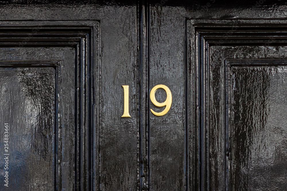 HOuse number nineteen with the 19 in bronze on a black wooden panel ...