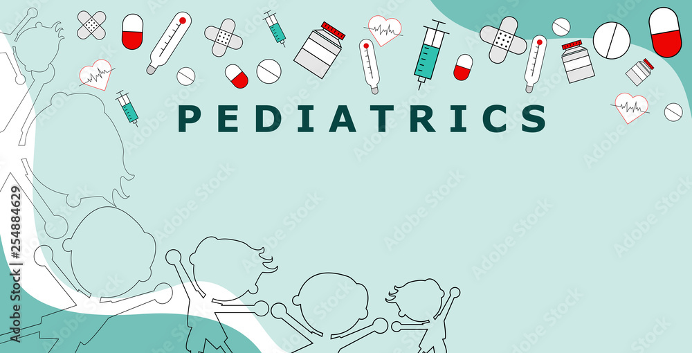 Word pediatrics with healthcare icons, including a pill and medicine ...