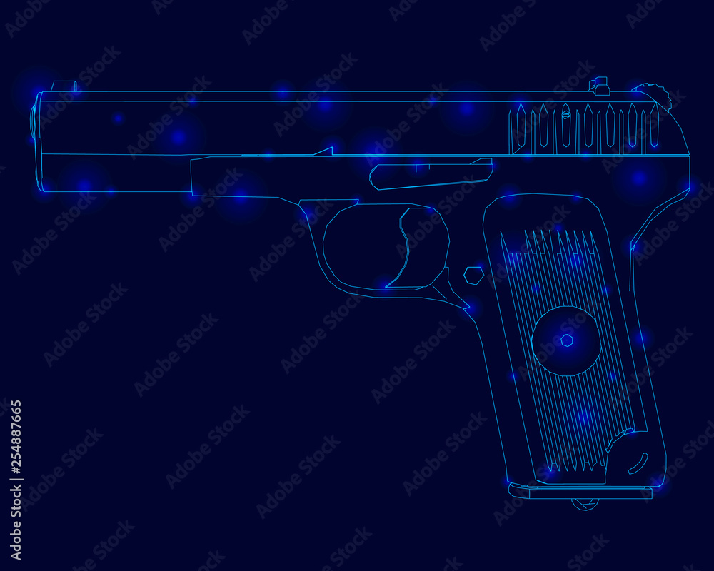 Polygonal frame gun with glowing lights. Side view. Vector illustration ...