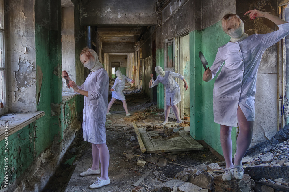 Four identical nurses without faces (head bandaged) zombies with a ...