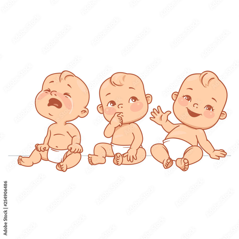 Set of baby emotion portraits. Cartoon little babies 6-12 months, in ...
