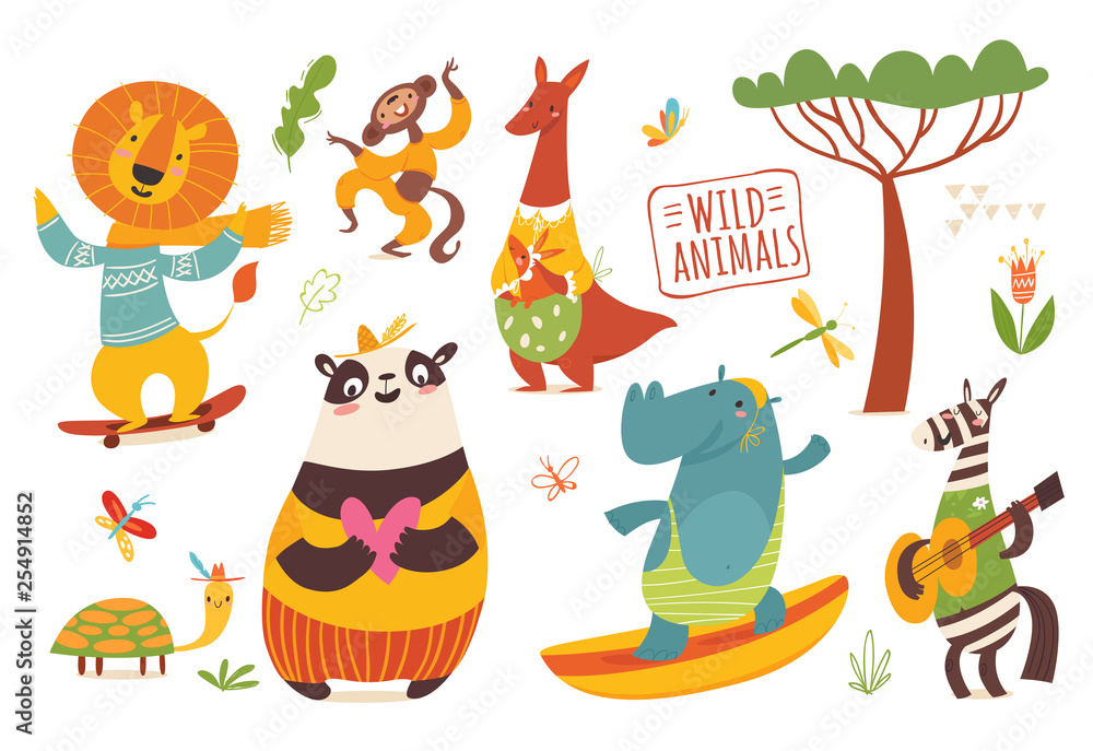 Big set of cartoon wild forest animals. Stock Vector | Adobe Stock