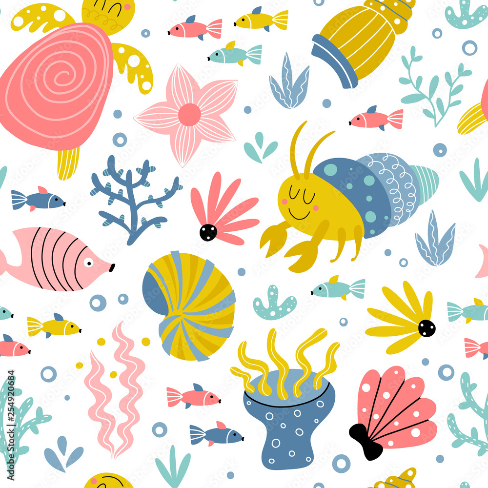 Funny sea animals seamles background Stock Vector | Adobe Stock