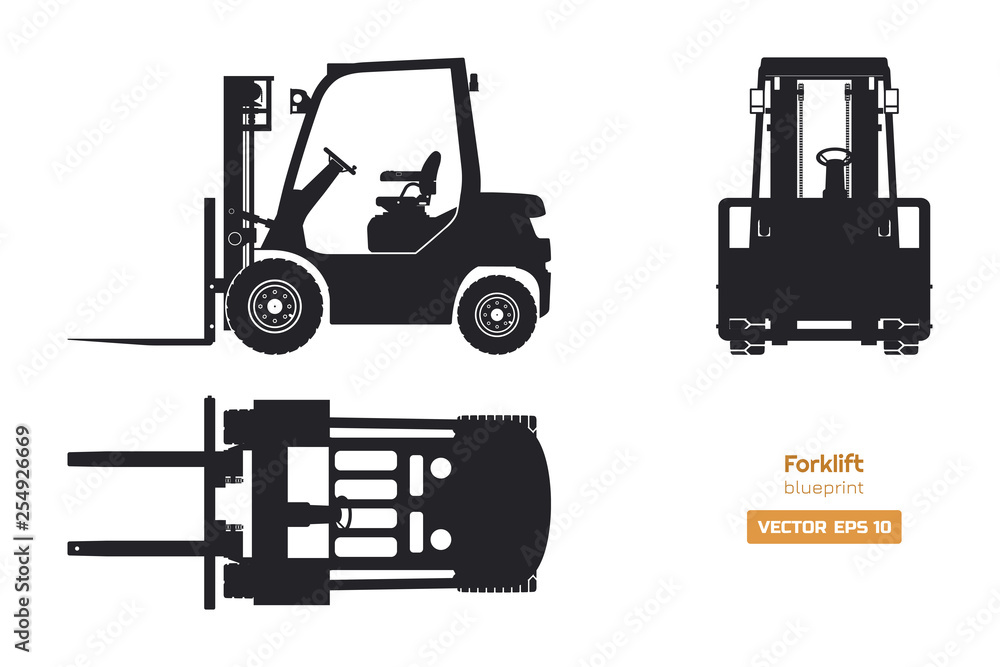 Black silhouette of forklift. Top, side and front view. Hydraulic ...