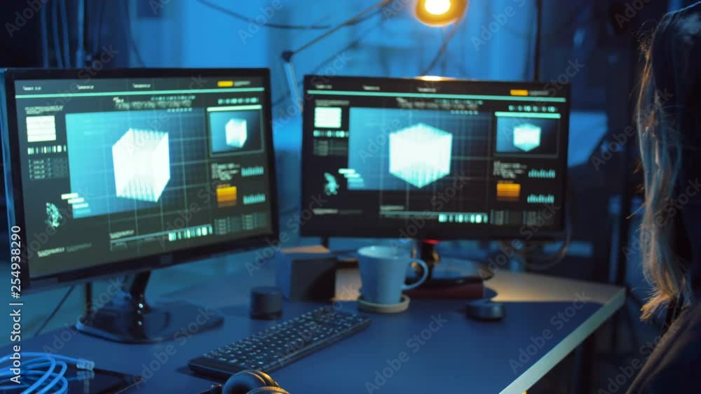 cybercrime, hacking and technology concept - female hacker in dark room ...