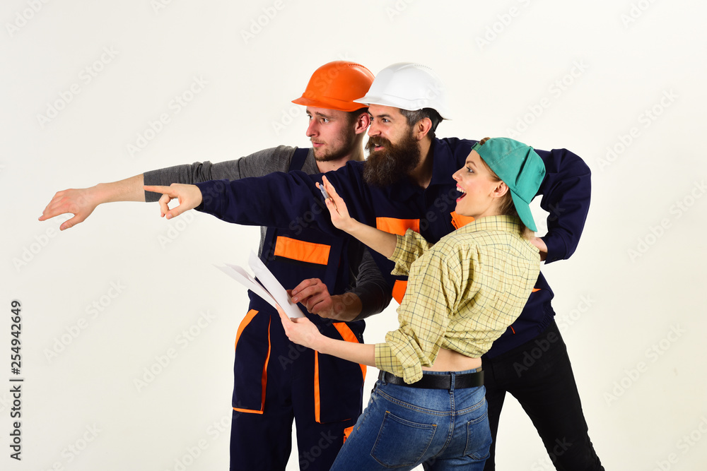 Dont just build, create. Construction workers team. Men and woman ...