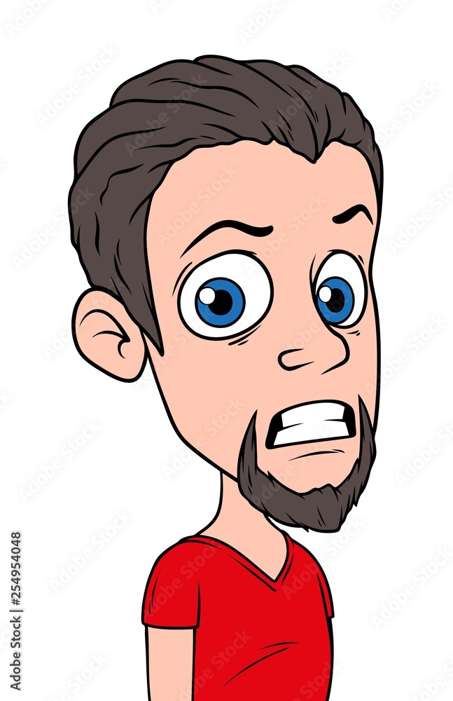 Cartoon crazy brunette boy character with beard. Isolated on white ...