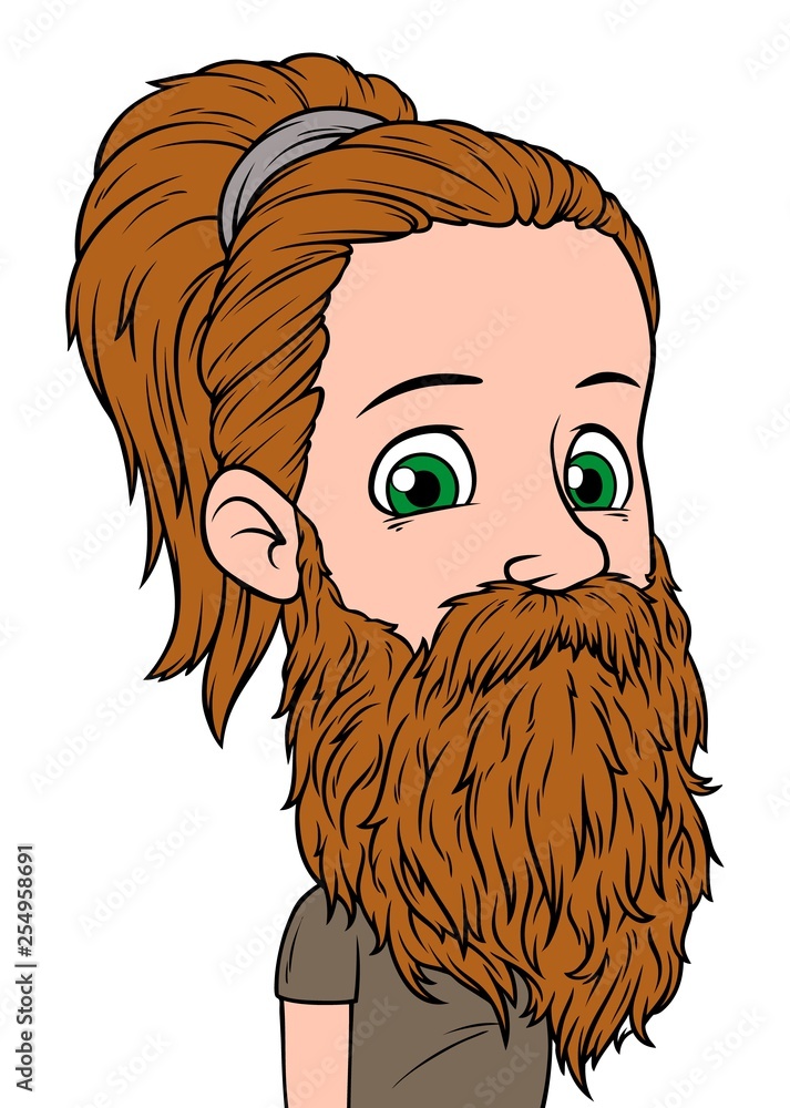 Cartoon brunette long haired hipster boy character with big beard ...