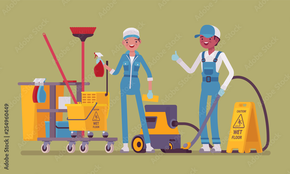 Janitors team working with professional tools. Male, female workers in ...