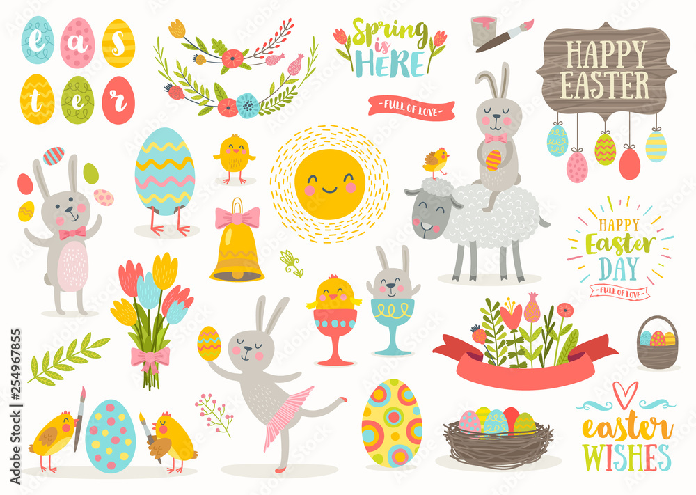 Set of vector cute Easter cartoon characters and design elements ...