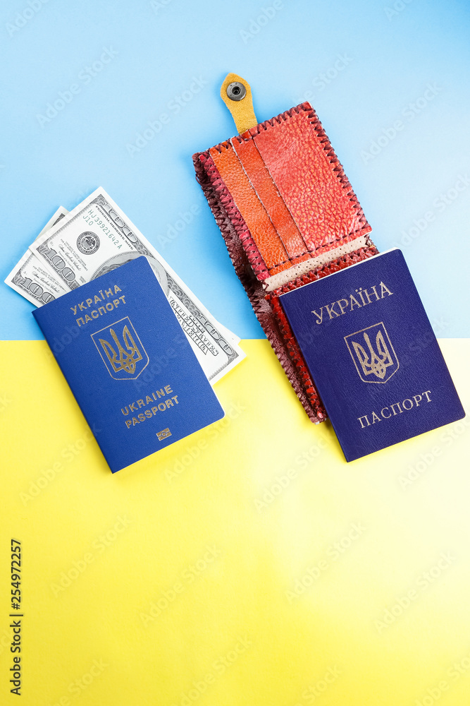 Ukrainian biometric passport on background of the Ukrainian flag ...