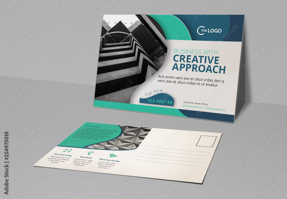 Postcard Layout with Curve Elements in Green and Dark Blue Accents ...