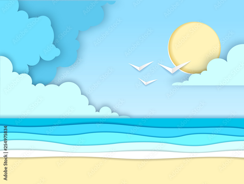 Sea or ocean landscape, sea beach cut out paper art style design Stock ...