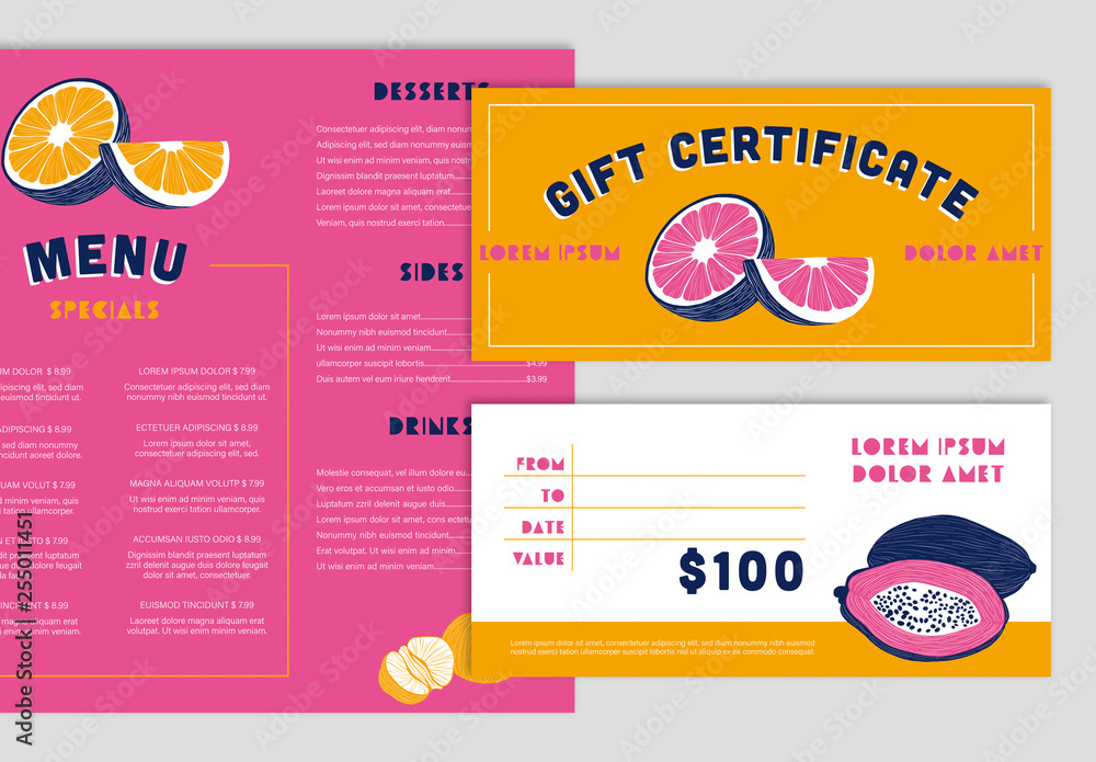 Restaurant Stationery Set with Fruit Illustrations Stock Template ...