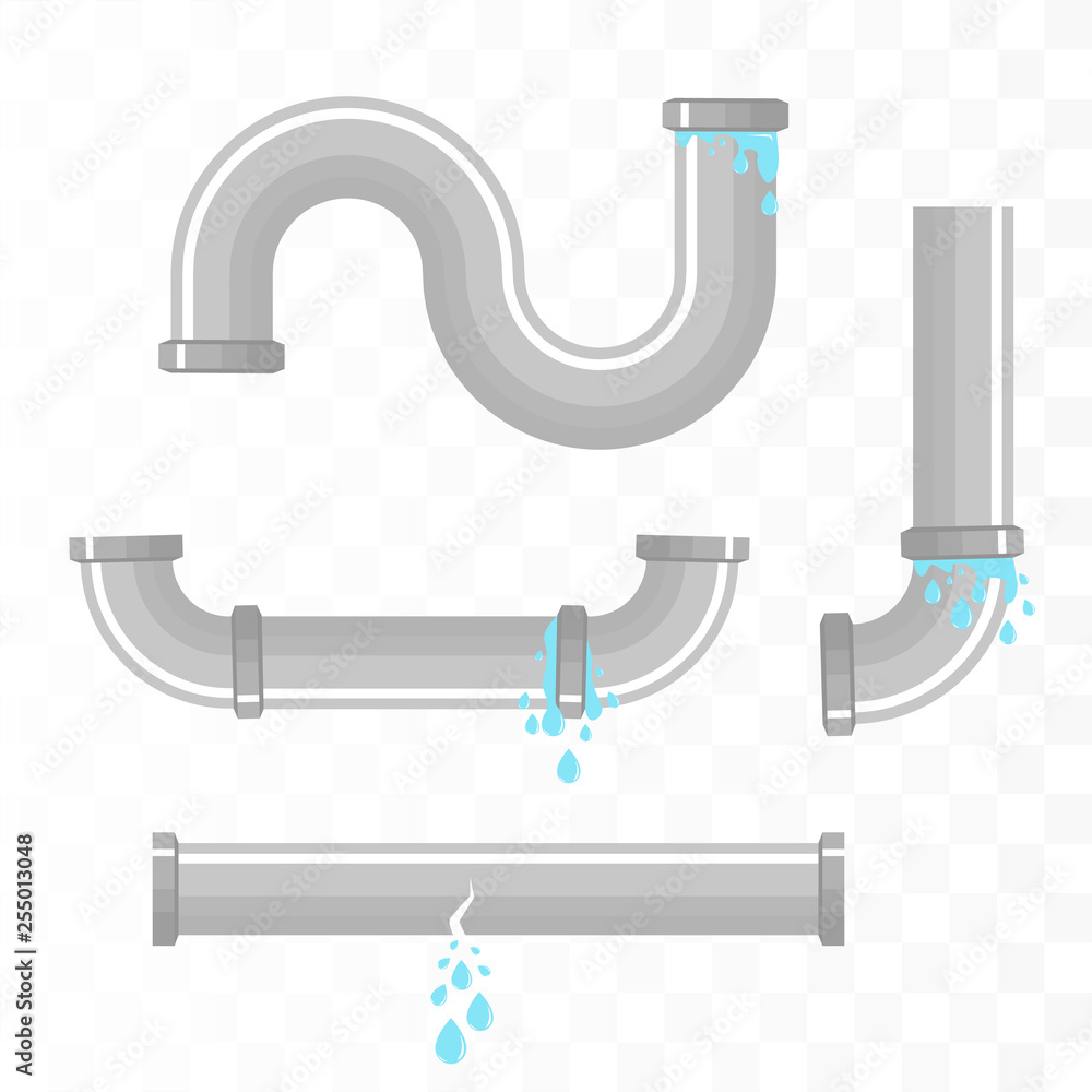 Leaking pipes isolated. Broken pipeline. Vector illustration Stock ...