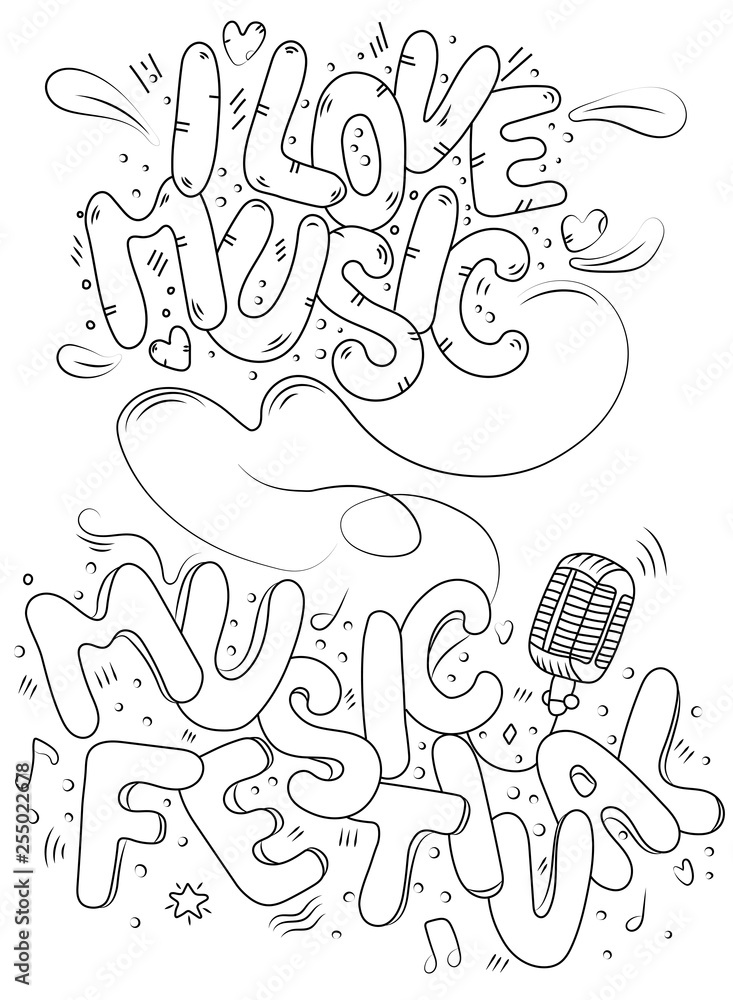Hand drawn music lettering text. Sketch style. Line art design ...