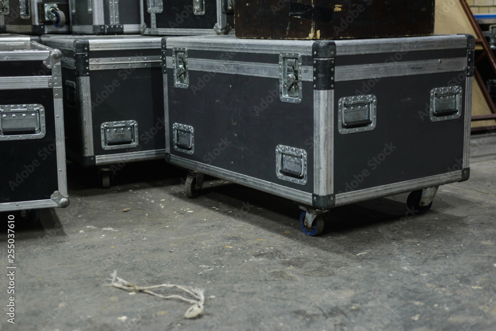 Stage equipment behind the scenes. Concert activity. Cases for ...