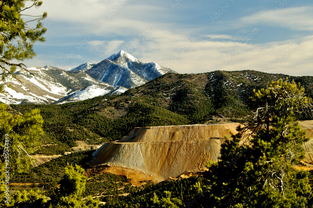 Growing two level Tailings Pile from copper mine, Ruth, Nevada. Snow ...