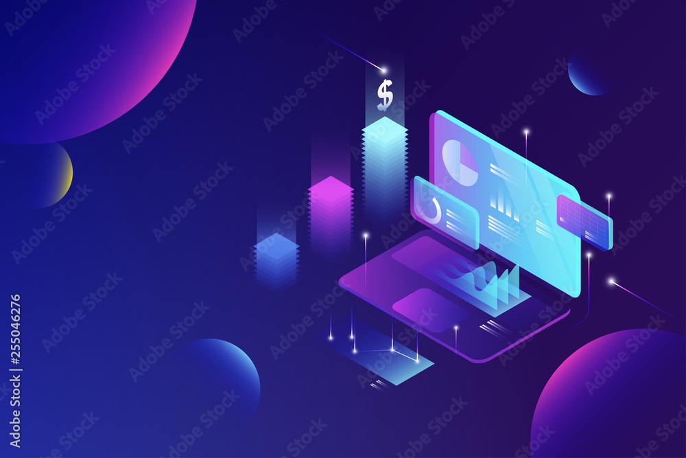 Online financial data analysis isometric concept, financial report ...