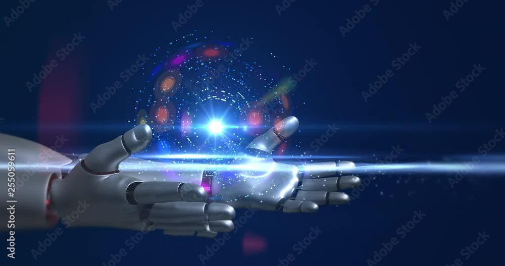 Humanoid robot arms holding light source. Technology related 4K ...