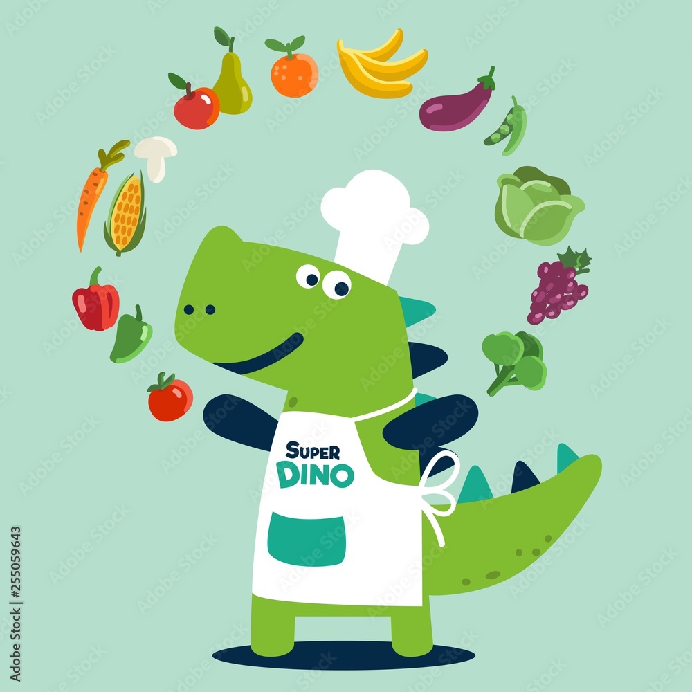 Cute and smiling dinosaur in chef uniform with fruits and vegetables ...