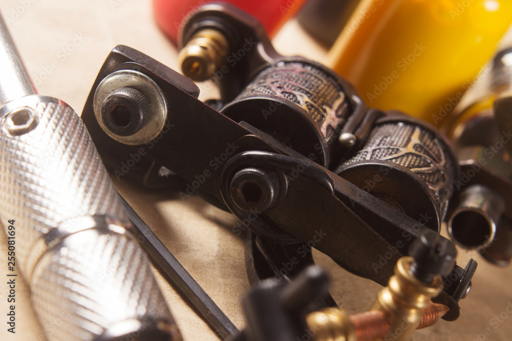 Assembly and configuration of tattoo machines closeup Stock Photo ...