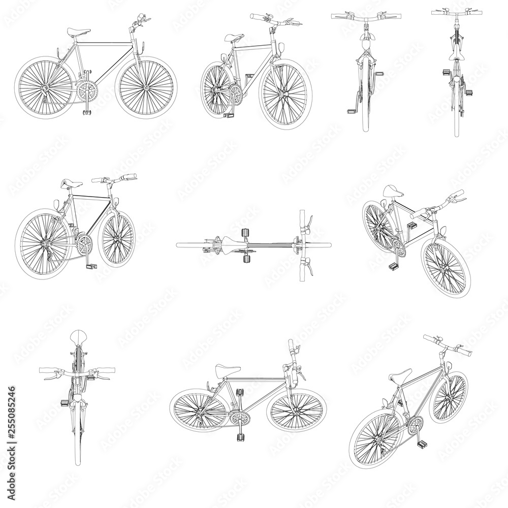 Set with detailed contours of bicycles. Front, top, isometric, back ...