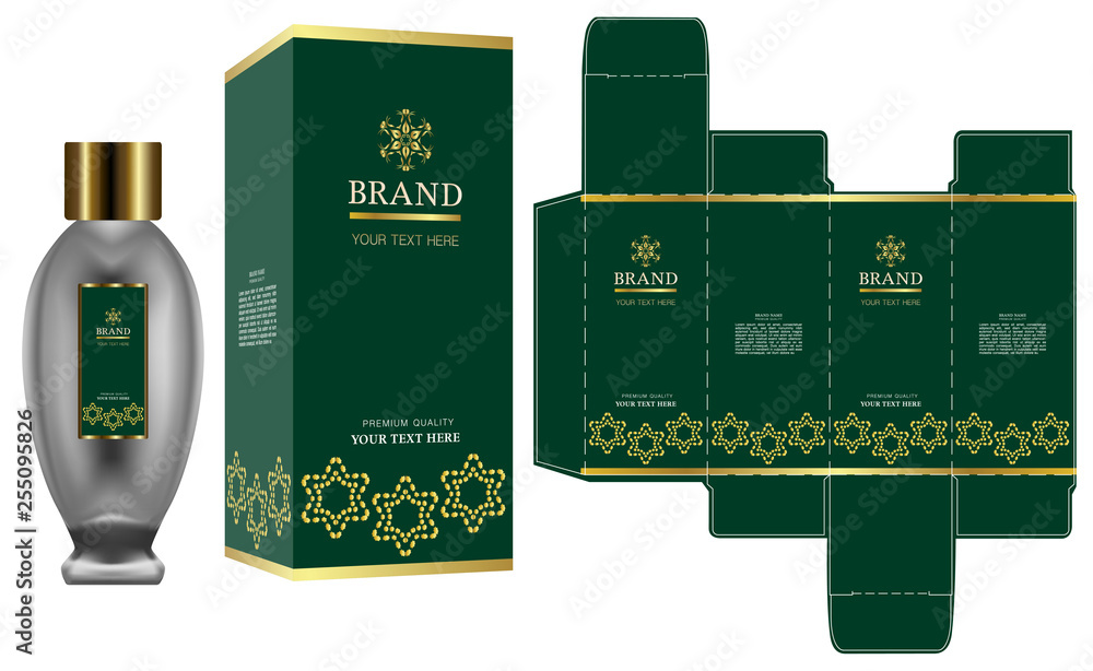 Packaging design, Label on cosmetic container with green and gold ...
