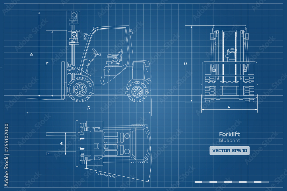 Outline blueprint of forklift. Top, side and front view. Hydraulic ...