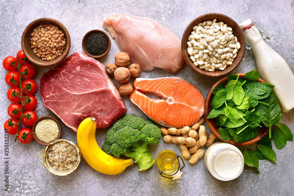 Assortment of healthy protein sources and body building food : meat ...