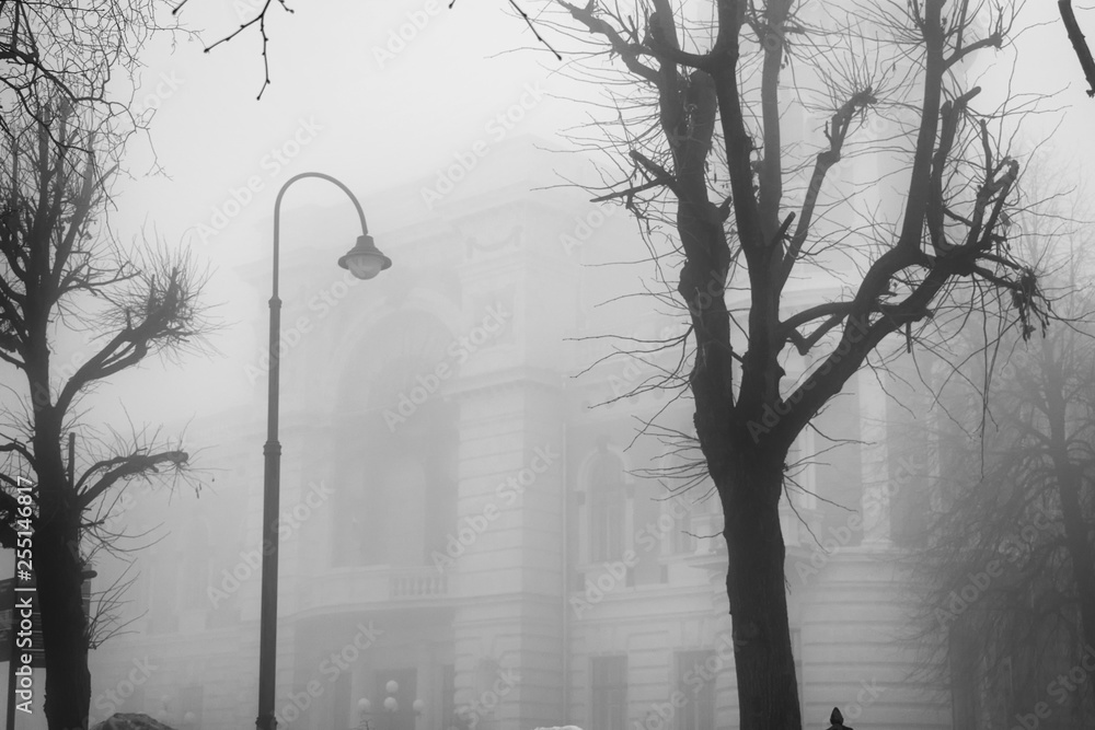 Evening urban landscape. Foggy street of old town with vintage stand ...