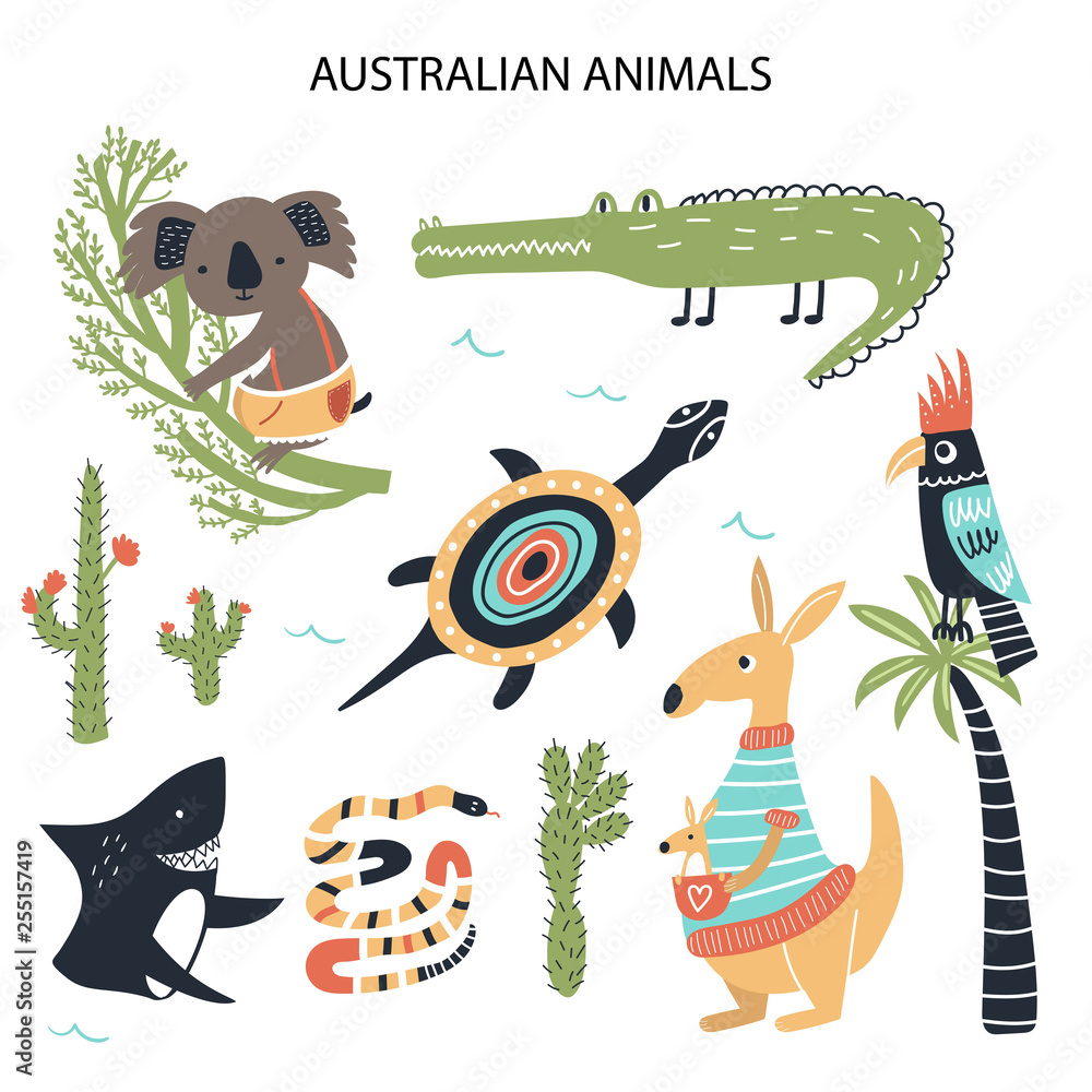 Set of diferent cartoon Australian animals. Cute handdrawn kids clip ...