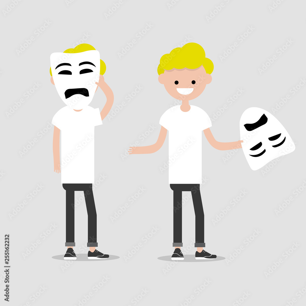 Young chacter in two variations holds sad mask.Hypocrisy,Flat cartoon ...