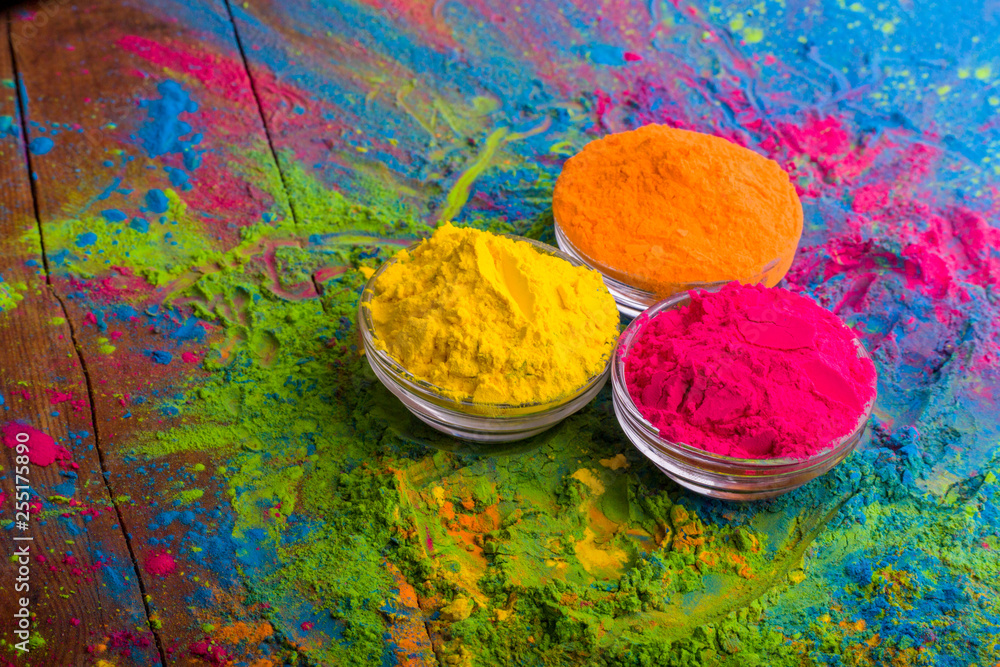 Holi color powder. Organic Gulal colours in bowl for Holi festival ...