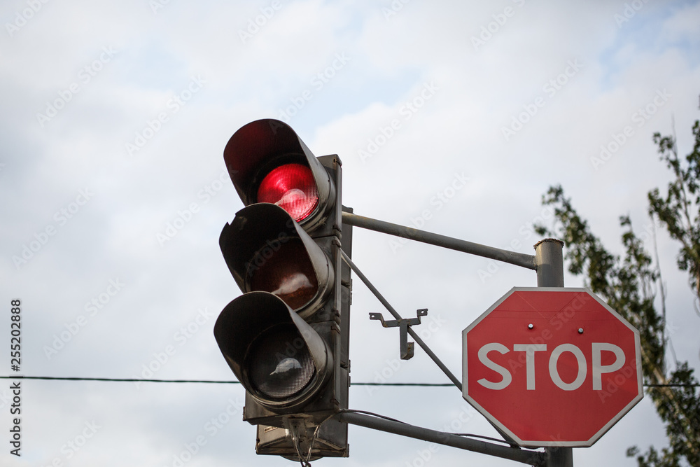 Poster traffic light the three colors, with red stop sign – Wall Art ...