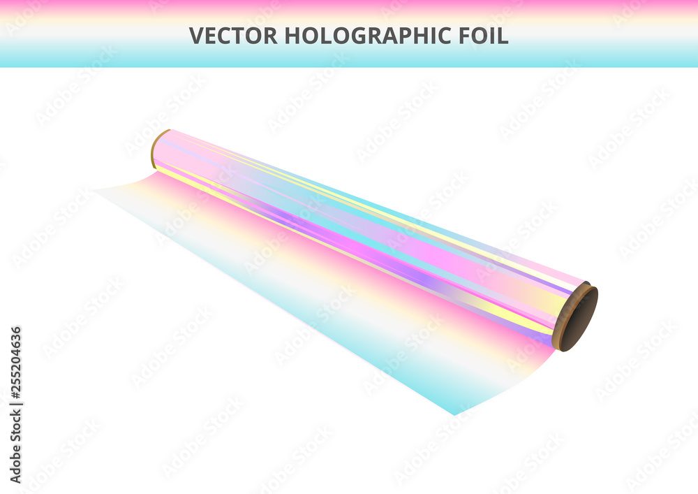 Vector illustration of open roll of plastic holographic iridescent foil ...