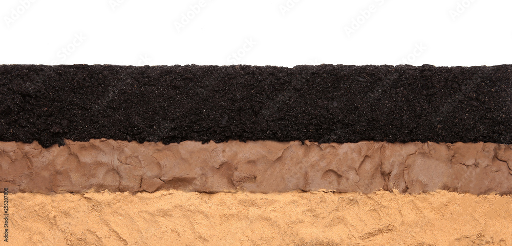 Soil layers: humus, clay and sand isolated on white background. Cross ...